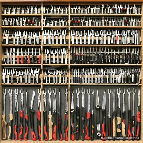 Ai创作图木匠工具墙 工具货架 工具架 工具棚 工具柜台 工具铺 工具间 工具房 工具收纳 工具室 工具车站 店内工具 刀具铺 五金店样品 工具柜 昵图网