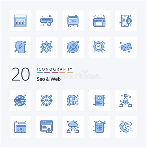 20 Seo Web Blue Color Icon Pack Like Communication Paper Global Security Page Document Stock
