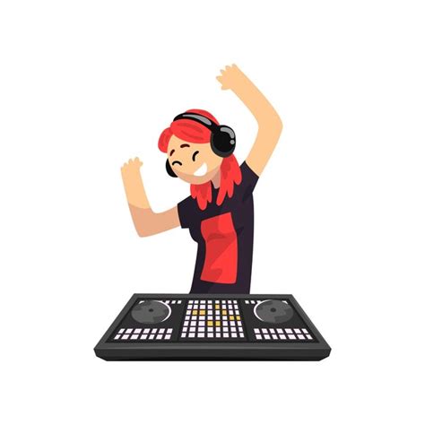 헤드폰을 끼고 트랙을 연주하고 춤추는 Dj 소녀 흰색 배경에 격리된 믹서 콘솔 데크 벡터 그림에서 음악을 믹싱하는 젊은 여성 프리미엄 벡터