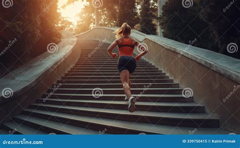 Hiit Workout Cardio Running Up Stairs Training Stair Climbing Run Woman Going To Run Up Steps