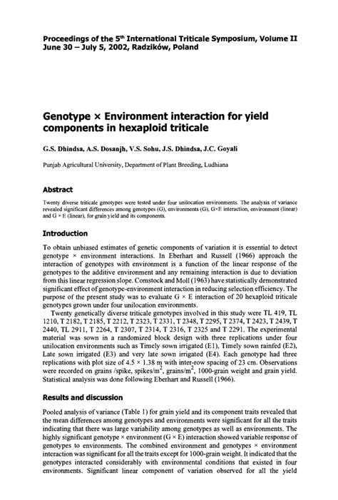 Pdf Genotype X Environment Interaction For Yield Components In
