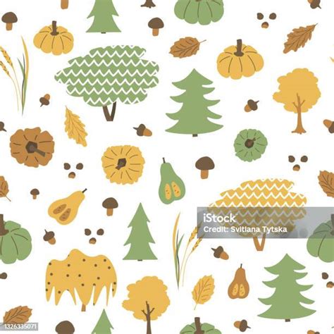 가을 나무 원활한 패턴 벡터 손으로 그린 낙엽송 버드 나무 알더 참나무 잎 도토리 호박 밀 버섯 요소 그림 흰색 배경 플랫 스타일 0명에 대한 스톡 벡터 아트 및 기타