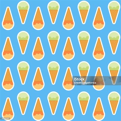 파란색 배경에 와플 콘에 셔벗 아이스크림의 오렌지 그린 스쿱 가리기에 대한 스톡 벡터 아트 및 기타 이미지 가리기 과일 귀여운 Istock