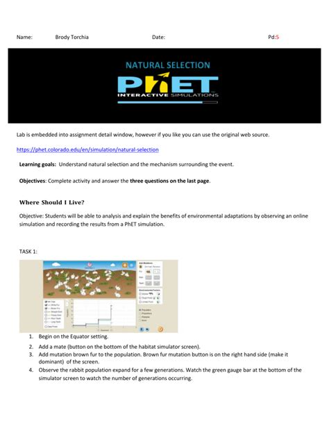 Natural Selection Lab Activity Phet Simulation