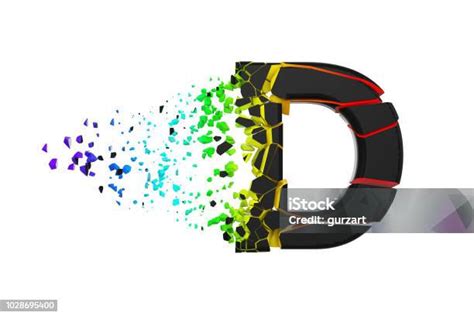 부서진된 무지개 빛깔의 알파벳 문자 D 깨진 대문자 짓 눌린된 블랙 고 레인 보우 폰트입니다 3d 렌더링에 고립 된 흰색 배경 기둥 머리에 대한 스톡 사진 및 기타 이미지