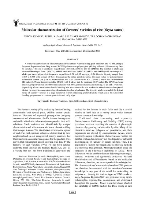Pdf Molecular Characterization Of Farmers Varieties Of Rice Oryza Sativa