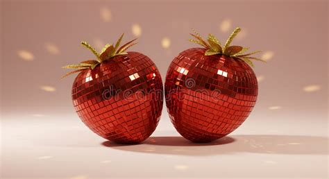 Two Strawberry Shaped Objects Designed As Disco Balls Covered In Red