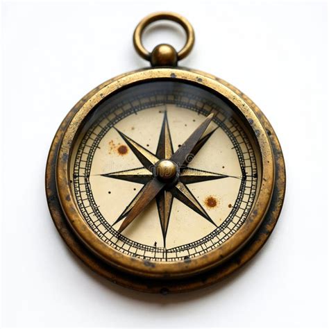 Vintage Bronze Compass With Needle Points North On White Navigation