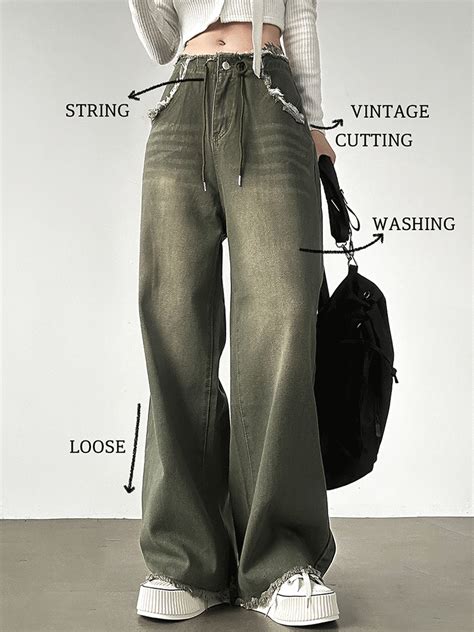 이너니티 당출🚀주문폭주 하이웨스트 스트링 빈티지 워싱 데미지 컷팅 루즈핏 와이드 데님팬츠 위시버킷