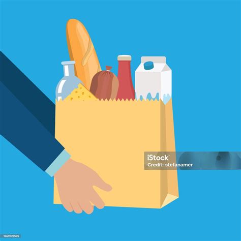 치즈 소시지 우유 케첩 바게트가 있는 종이 쇼핑백에 넣은 식료품 유제품 전통적인 신선한 농산물 플랫 스타일의 벡터 일러스트레이션 가득 찬에 대한 스톡 벡터 아트 및 기타