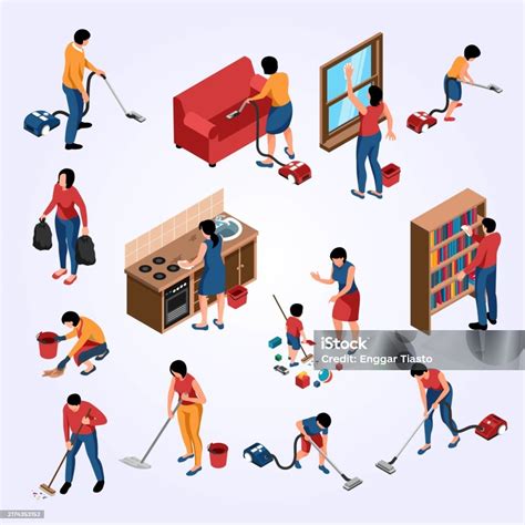 아이소 메트릭 사람들 청소 집 세트 고립 된 아이콘 가족 구성원의 캐릭터 아파트 벡터 일러스트 레이 션의 청소를 하고 가사 집안일에 대한 스톡 벡터 아트 및 기타 이미지