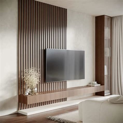 Sleek Tv Wall With Vertical Walnut Wood Slats And Floating Console In
