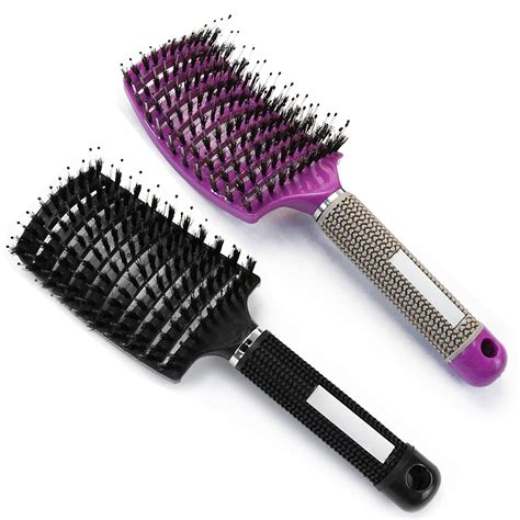 Wild Boar Bristle Hair Brush Set 2 Pieces Black And Purple Frizz