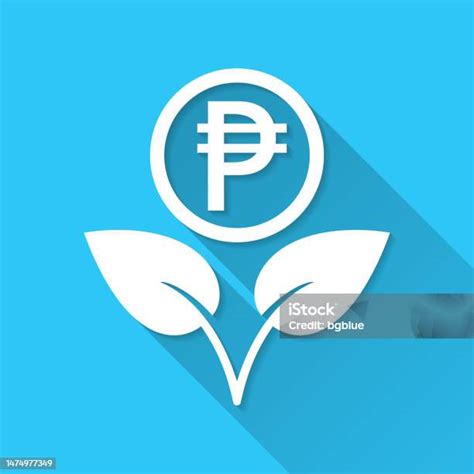 Growing Peso Icon On Blue Background Flat Design With Long Shadow Stock