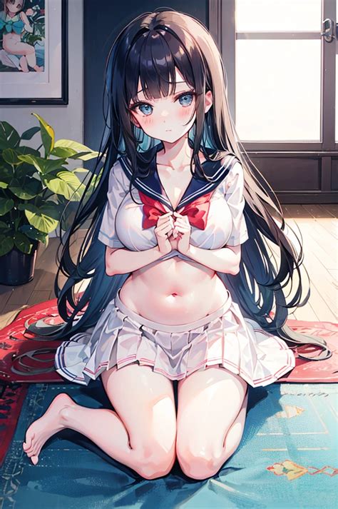 큰 여자 ，사랑스러운 딸，뭉툭한 앞머리 스트레이트 헤어 긴 머리，변화，절하다，쇄골，세일러복，약한，예의 바르고 귀엽다 Seaart Ai