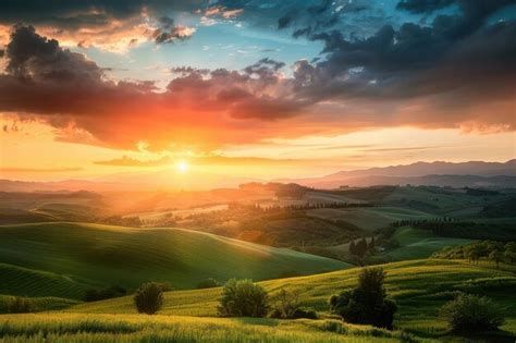 Sunset Over Rolling Fields Horizon Premium Ai Generated Image