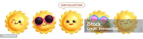 Sun 쾌활한 얼굴 클립 아트 세트입니다 노란 태양 이모티콘 클립 아트 행복하고 장난기 넘치는 표정 모음 여름 이모티콘 3차원 형태에 대한 스톡 벡터 아트 및 기타 이미지
