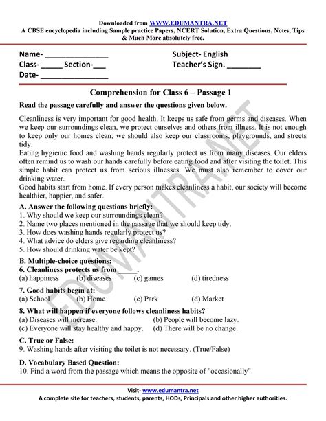 50 Comprehension For Class 6 Passages Mcq Subjective Exercises Pdf Worksheets