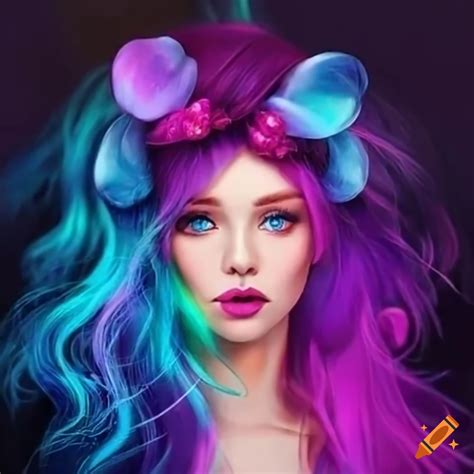 Девушка нежная красивая с фиолетовыми тенями и сияющим лицом аура