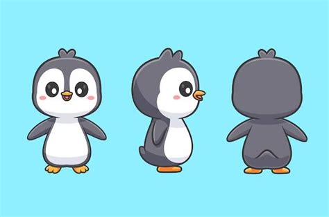 Cute Penguin With Front Side And Back View Cartoon Vector Icon