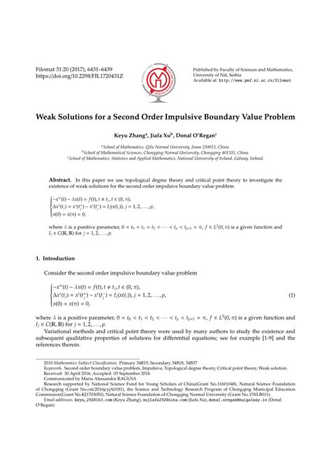 Pdf Weak Solutions For A Second Order Impulsive Boundary Value Problem