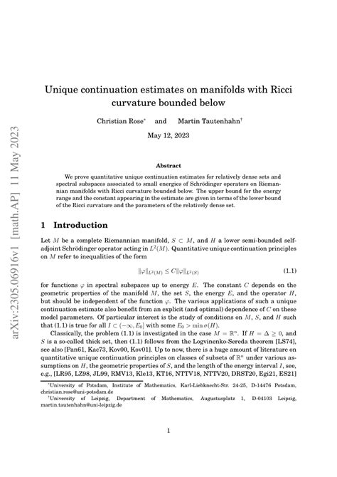 Pdf Unique Continuation Estimates On Manifolds With Ricci Curvature Bounded Below