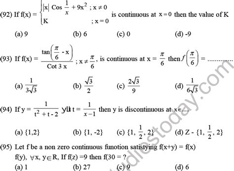 Jee Mathematics Limits Continuity And Differentiability Mcqs Set B With Answers
