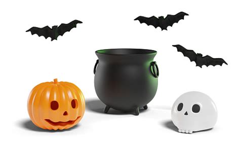 할로윈 정물 가마솥 호박 두개골 박쥐는 흰색 배경에 고립되어 있습니다 3d 일러스트레이션 10월에 대한 스톡 사진 및 기타 이미지 Istock