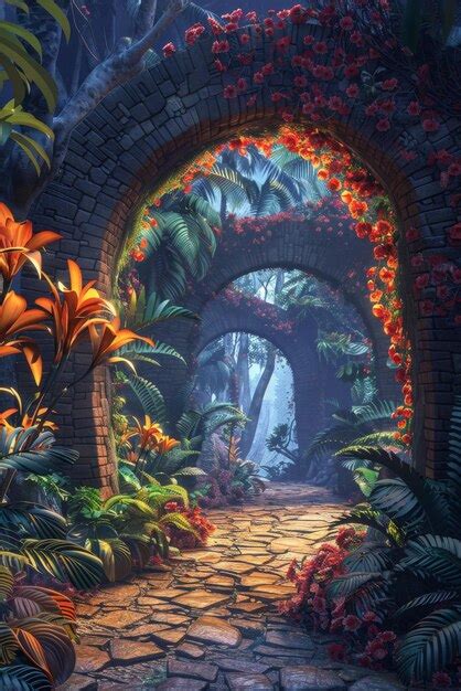 Premium Photo Stone Archway In A Lush Tropical Garden With Flowers