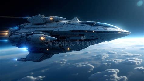 Futuristic Spacecraft Or Starfighter With Glowing Engines Flying Above Earth S Atmosphere