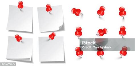 흰색 배경에 격리된 현실적인 빈 스티커 메모 빨간색 푸시 핀이 있는 흰색 메모지 종이 알림 및 바늘이 있는 플라스틱 압정 보드 압정 벡터 그림 메모장에 대한 스톡 벡터 아트