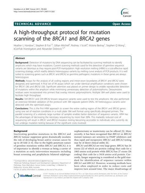 Pdf A High Throughput Protocol For Mutation Scanning Of The Brca1 And