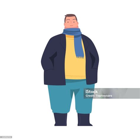 Full 남자 캐릭터 와 통통한 몸 서 있는 와 미소 짓는 벡터 일러스트 가득 찬에 대한 스톡 벡터 아트 및 기타 이미지