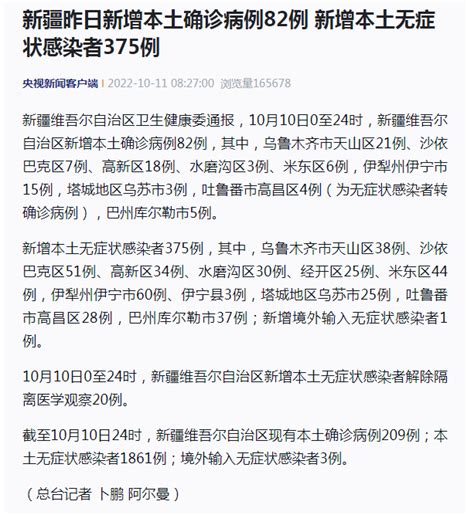 新疆疫情最新消息10月10日新疆新增本土确诊病例82例 新增本土无症状感染者375例 中华网河南
