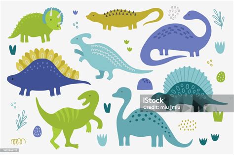 공룡 세트 디플로도쿠스 스피노사우루스 벨로시랩터 스테고사우루스 트리케라톱스 안킬로사우루스 0명에 대한 스톡 벡터 아트 및 기타 이미지 Istock