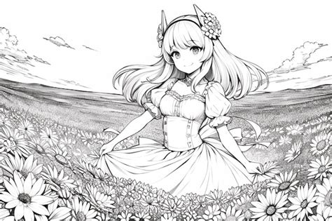 Premium AI Image A Sketch Of A Girl In A Field Of Flowers