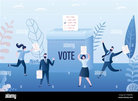 Group Of People Holding Paper Ballot Pages Big Ballot Box With Text