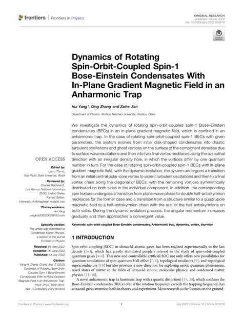 Pdf Dynamics Of Rotating Spin Orbit Coupled Spin 1 Bose Einstein