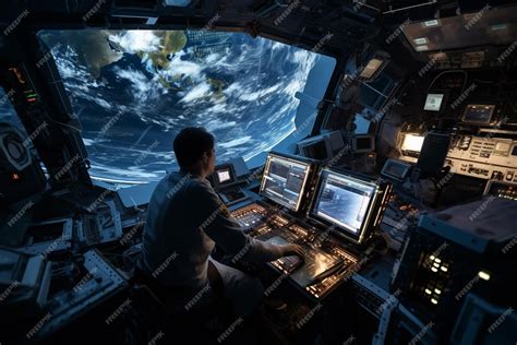 Astronaut Sitting Front Of Control Panel In Cockpit Driving Shuttle Or