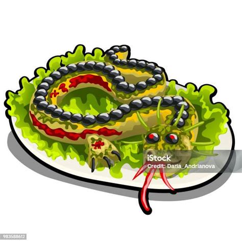 아름 답게 장식 샐러드 용의 형태로 되어 있습니다 흰색 배경에 고립 레스토랑 서명 요리 벡터 만화일러스트 레이 션 가공의 인물에 대한 스톡 벡터 아트 및 기타 이미지