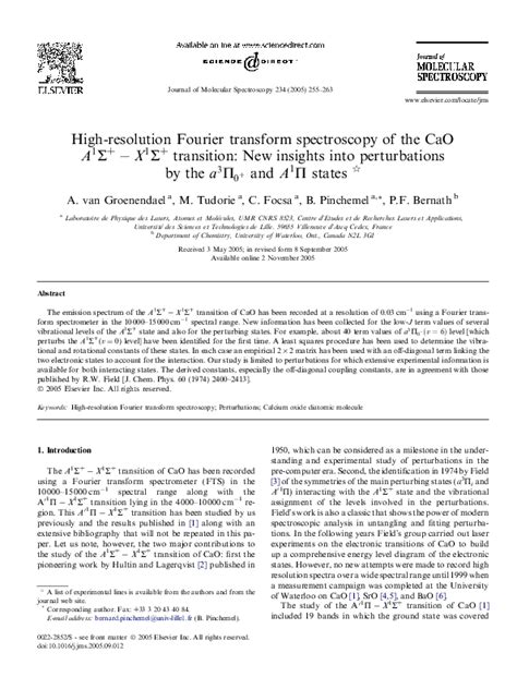 Pdf High Resolution Fourier Transform Spectroscopy Of The Cao A1sigma X1sigma Transition