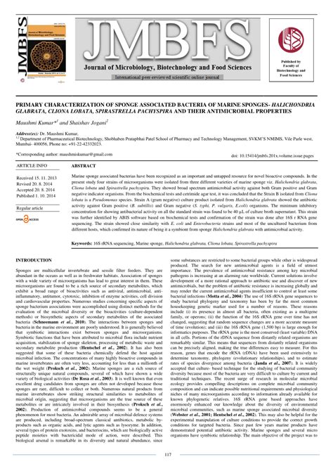 Pdf Primary Characterization Of Sponge Associated Bacteria Of Marine