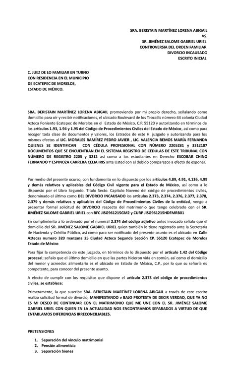 Demanda De Divorcio Incausado Sra Beristain MartÍnez Lorena Abigail