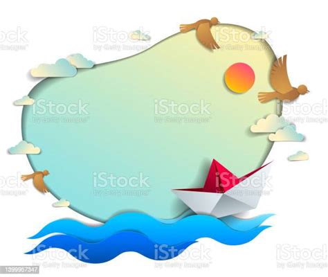 아름다운 해변과 야자수 복사 공간이있는 프레임 또는 테두리 바다에 떠있는 종이 접기 장난감 보트 경치 좋은 바다 경관 조류 및 하늘의 조류와 구름 벡터와 바다 파도에서