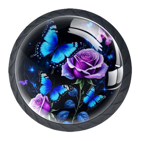 4 Pack Black Drawer Knobs Roses And Butterflies Cabinet Knobs Round Glass Knobs For Kitchen