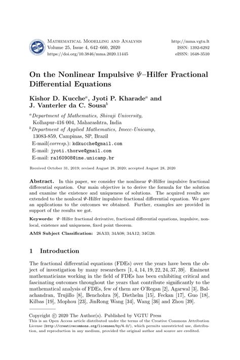 Pdf On The Nonlinear Impulsive Ψ Hilfer Fractional Differential Equations