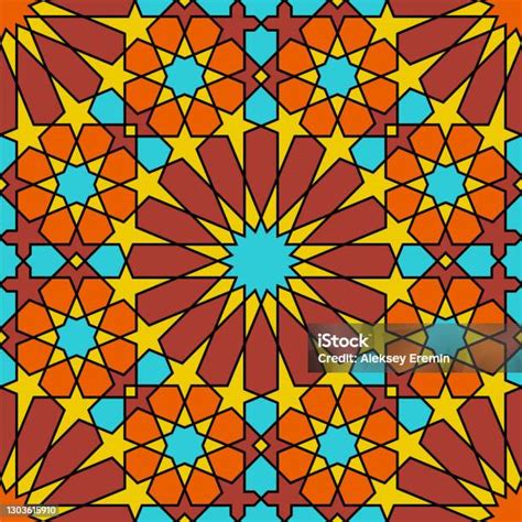 전통적인 이슬람 예술을 기반으로 매끄러운 기하학적 장식 노란색 파란색 갈색 주황색 및 검은 색 0명에 대한 스톡 벡터 아트 및