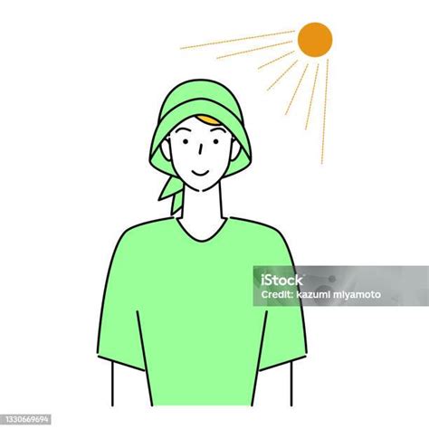 일사병은 태양 일러스트에 Uv 컷 모자를 쓰고 귀여운 남자를 미소 측정하는 간단한 벡터 열사병 예방 태양에 자외선 차단 모자를 쓰고 예쁜 미소를 가진 남자 간단한 그림 벡터