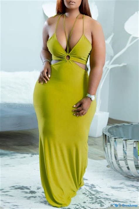 Orcajump Plus Size Solid Spaghetti Strap Backless Long Dress In Blue Plus Size Black Dresses