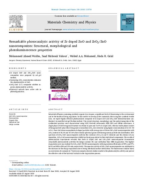 Pdf Remarkable Photocatalytic Activity Of Zr Doped Zno And Zro 2 Zno Nanocomposites